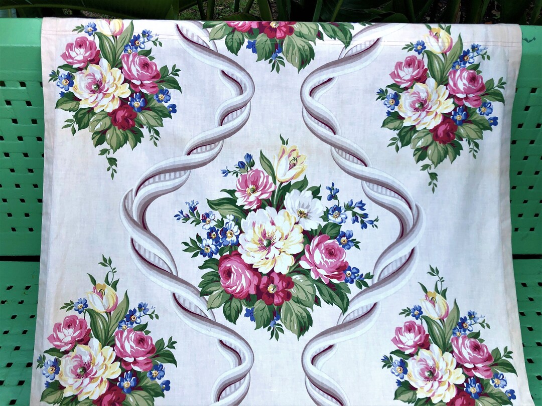 1930's Rococo Cottage Barkcloth Era Vintage Chintz Fabric Drape Curtain ...
