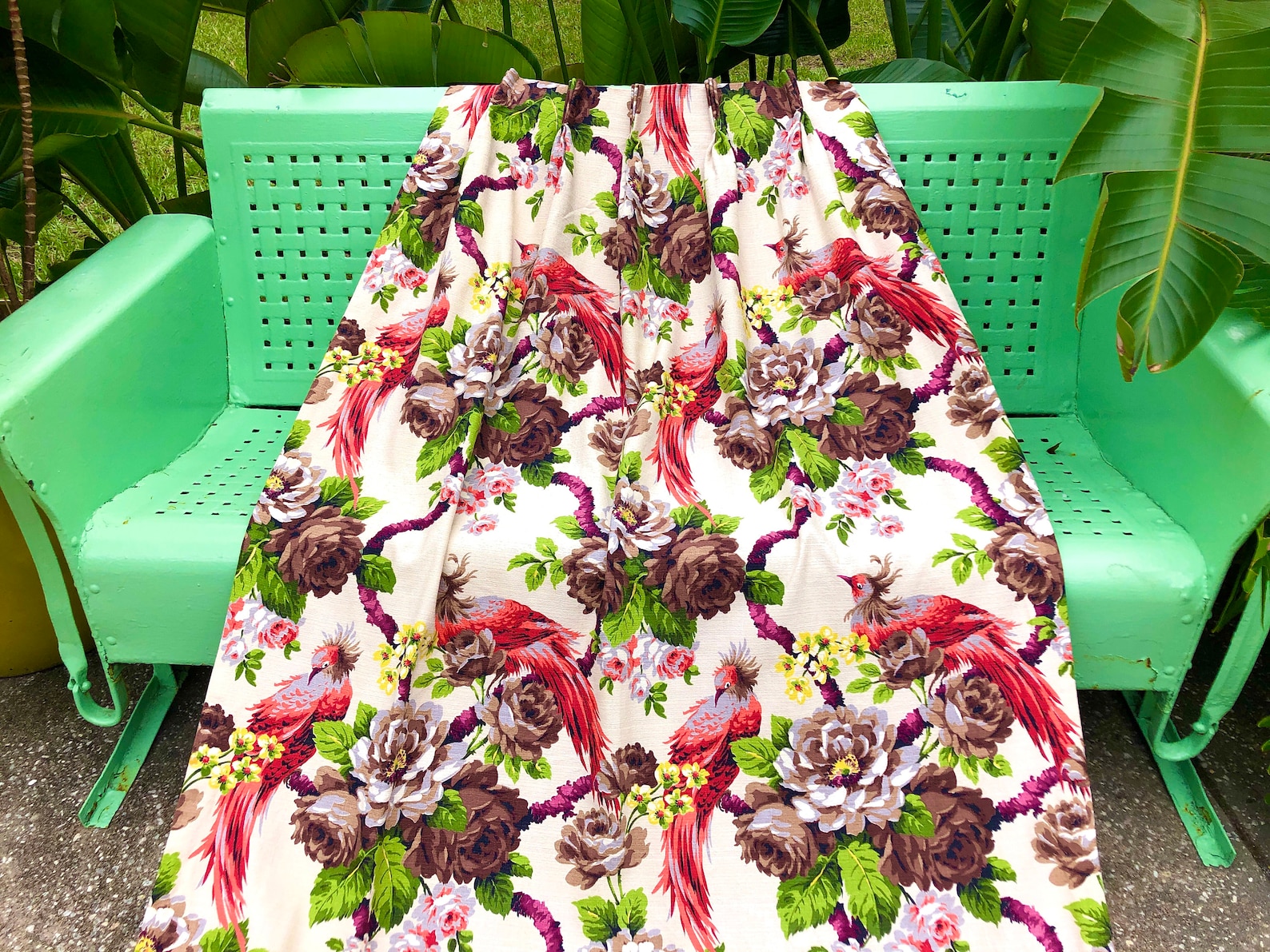 Tropical Red Birds Barkcloth Vintage Fabric Hollywood Regency Drape ...