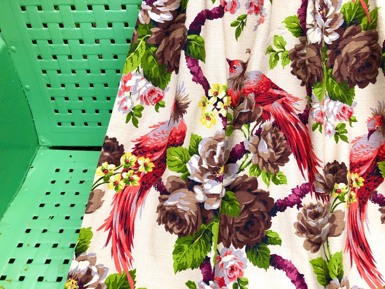 Tropical Red Birds Barkcloth Vintage Fabric Hollywood Regency Drape ...