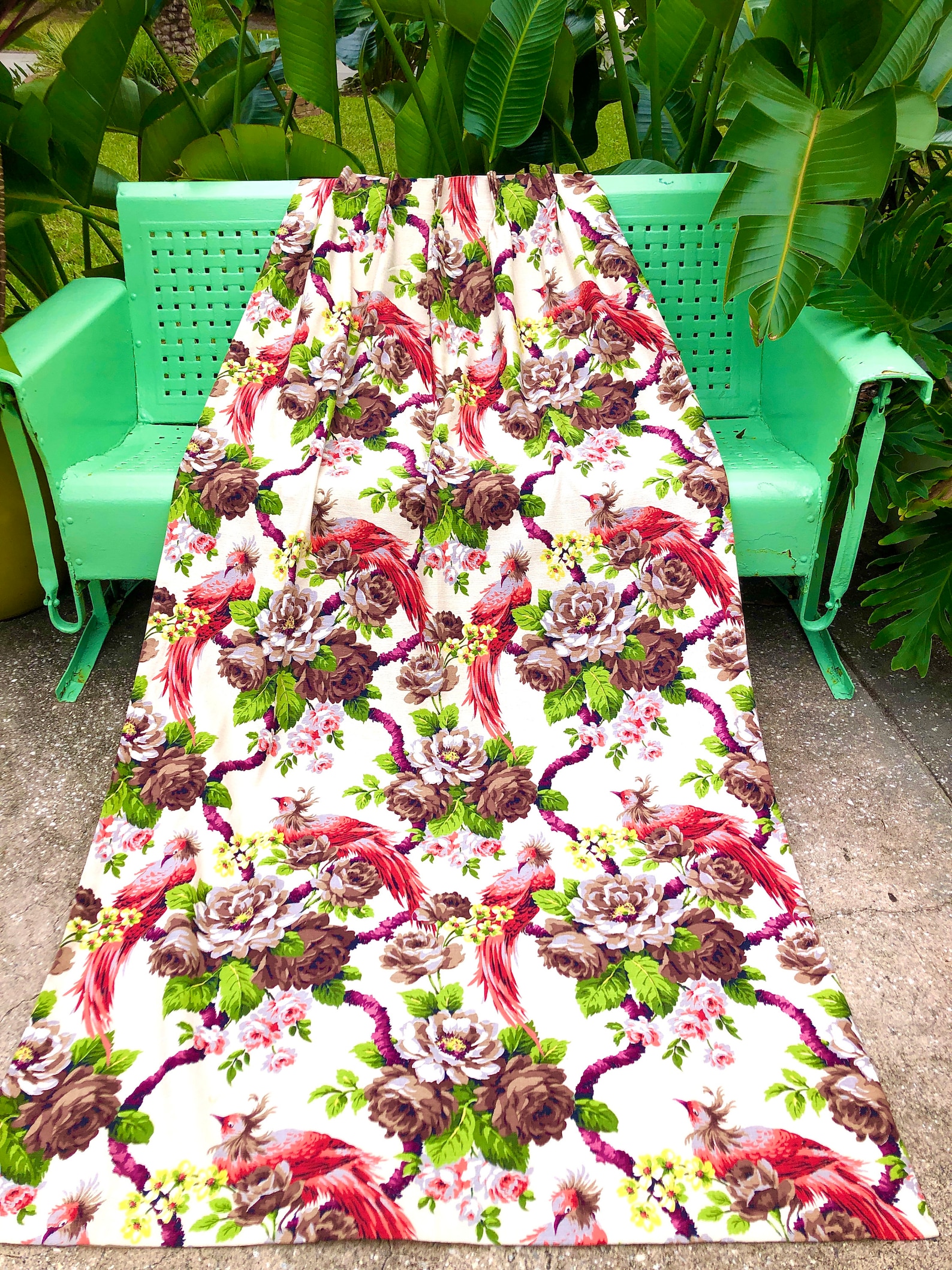 Tropical Red Birds Barkcloth Vintage Fabric Hollywood Regency Drape ...