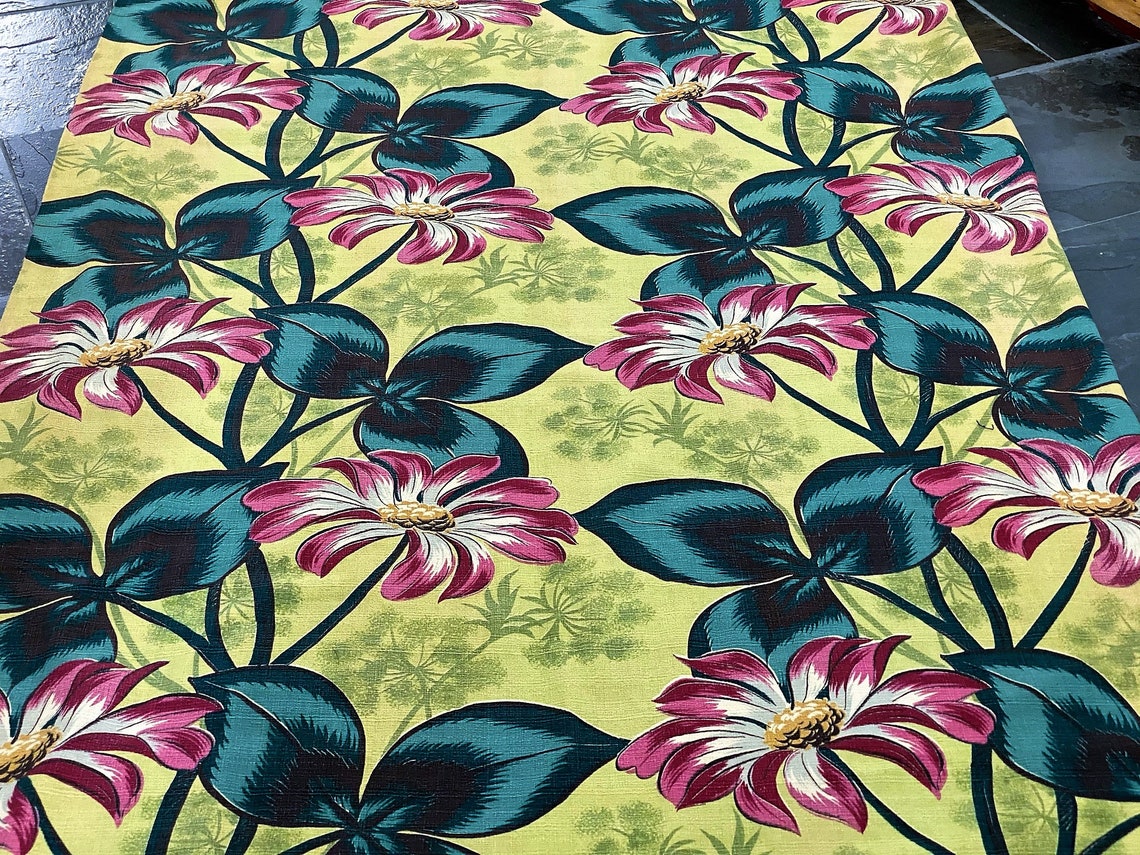 Rare 30's Hawaiiana Chartreuse Floral Barkcloth Vintage Fabric Drape ...
