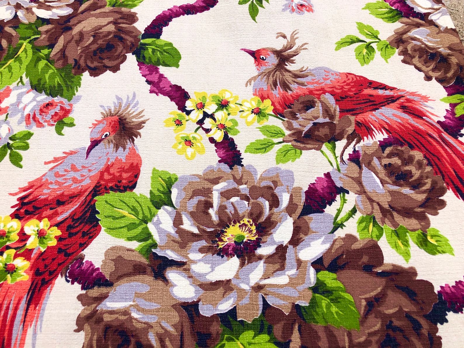 Tropical Red Birds Barkcloth Vintage Fabric Hollywood Regency Drape ...
