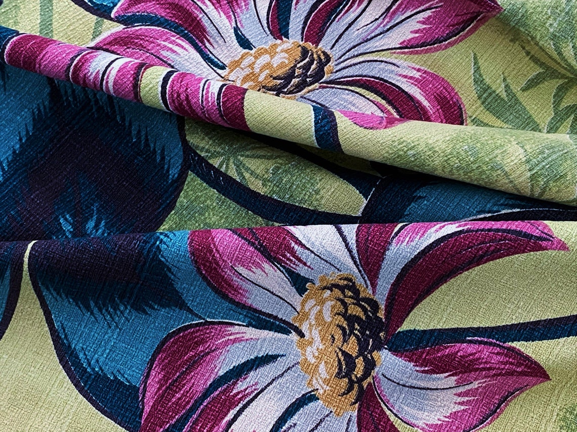 Rare 30's Hawaiiana Chartreuse Floral Barkcloth Vintage Fabric Drape ...