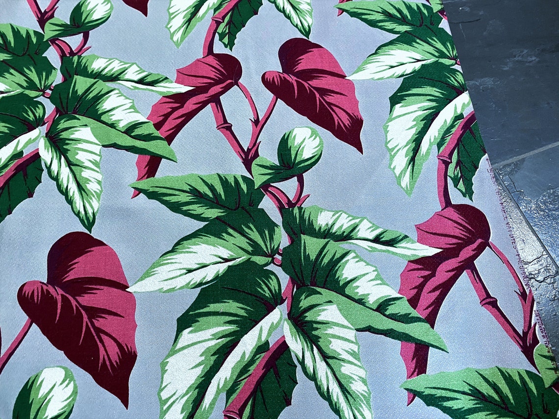 Almost 3YDS Pink Begonias on Dove Gray Barkcloth Era Vintage Fabric ...