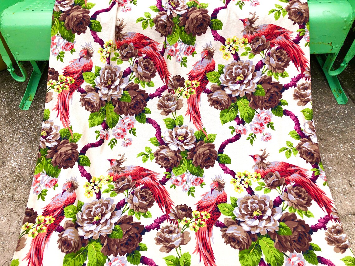Tropical Red Birds Barkcloth Vintage Fabric Hollywood Regency Drape ...