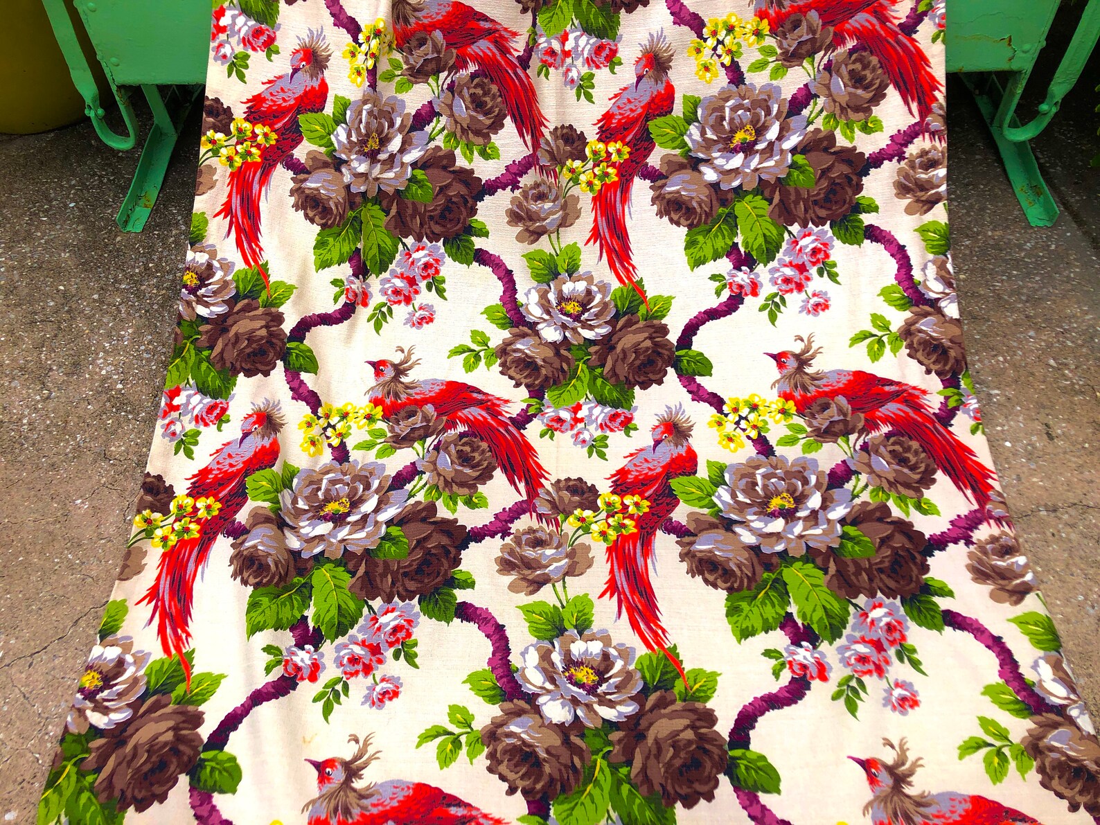 Tropical Red Birds Barkcloth Vintage Fabric Hollywood Regency Drape ...
