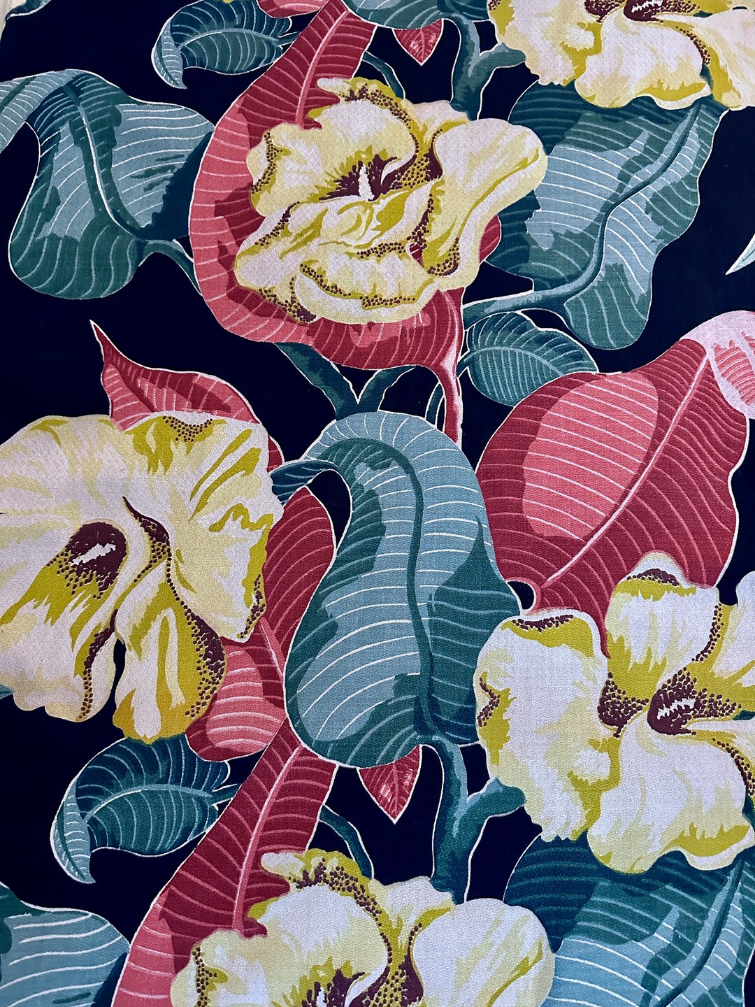 Chartreuse Magnolias & Birds of Paradise Leaf Hawaiian 1930's Barkcloth ...