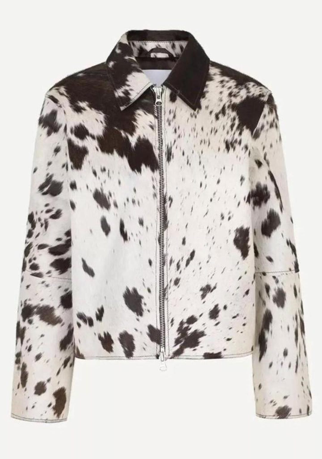 Cow Print Leather Jacket | Real Cowhide Western Style Zip-up | Handmade ...
