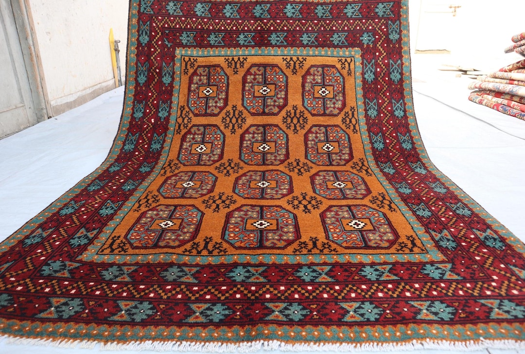 5x7 Ft Akhcha Yellow Afghan Handmade Rug, Afghan High Pile Rug, Turkmen ...