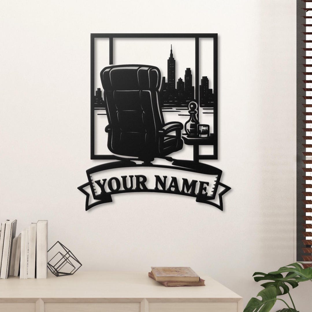 Personalized CEO Office Metal Wall Art: Executive Cityscape Name Wall ...