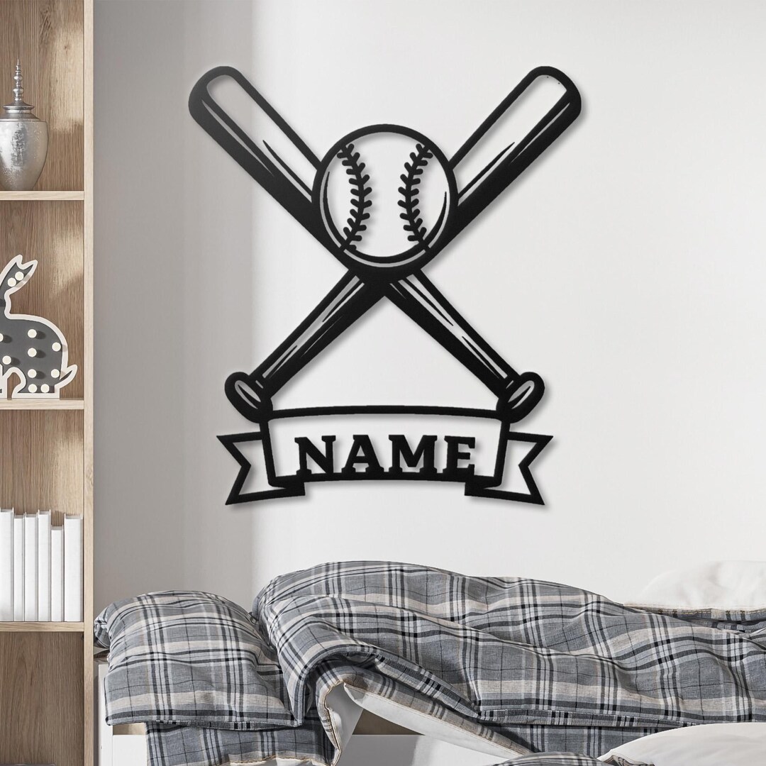 Personalized Baseball Metal Sign: Custom Name, Crossed Bats Wall Decor ...