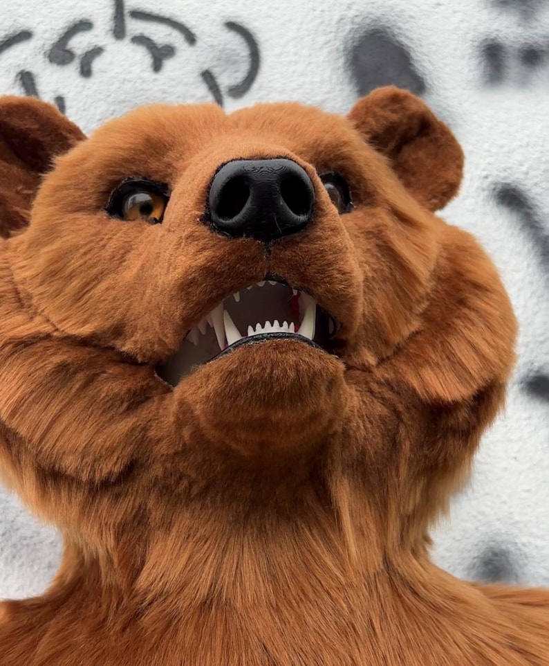 Realistic Fursuit Headpiece Movable Jaw Brown Bear Halloween Beast Mask ...