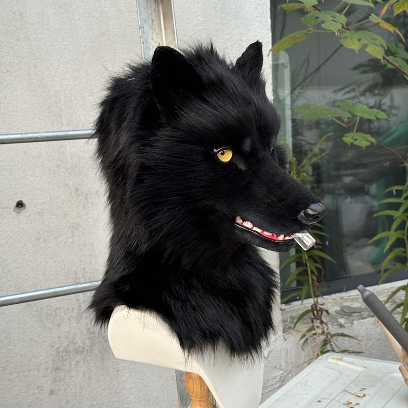 Movable Jaw Black Wolf Head Realistic Fursuit Headpiece Cosplay Mask ...