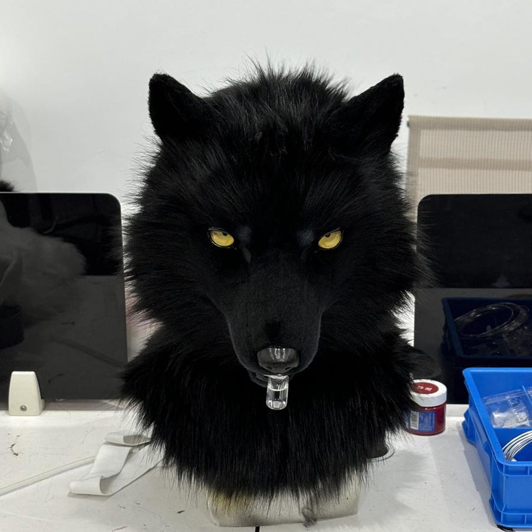 Movable Jaw Black Wolf Head Realistic Fursuit Headpiece Cosplay Mask ...