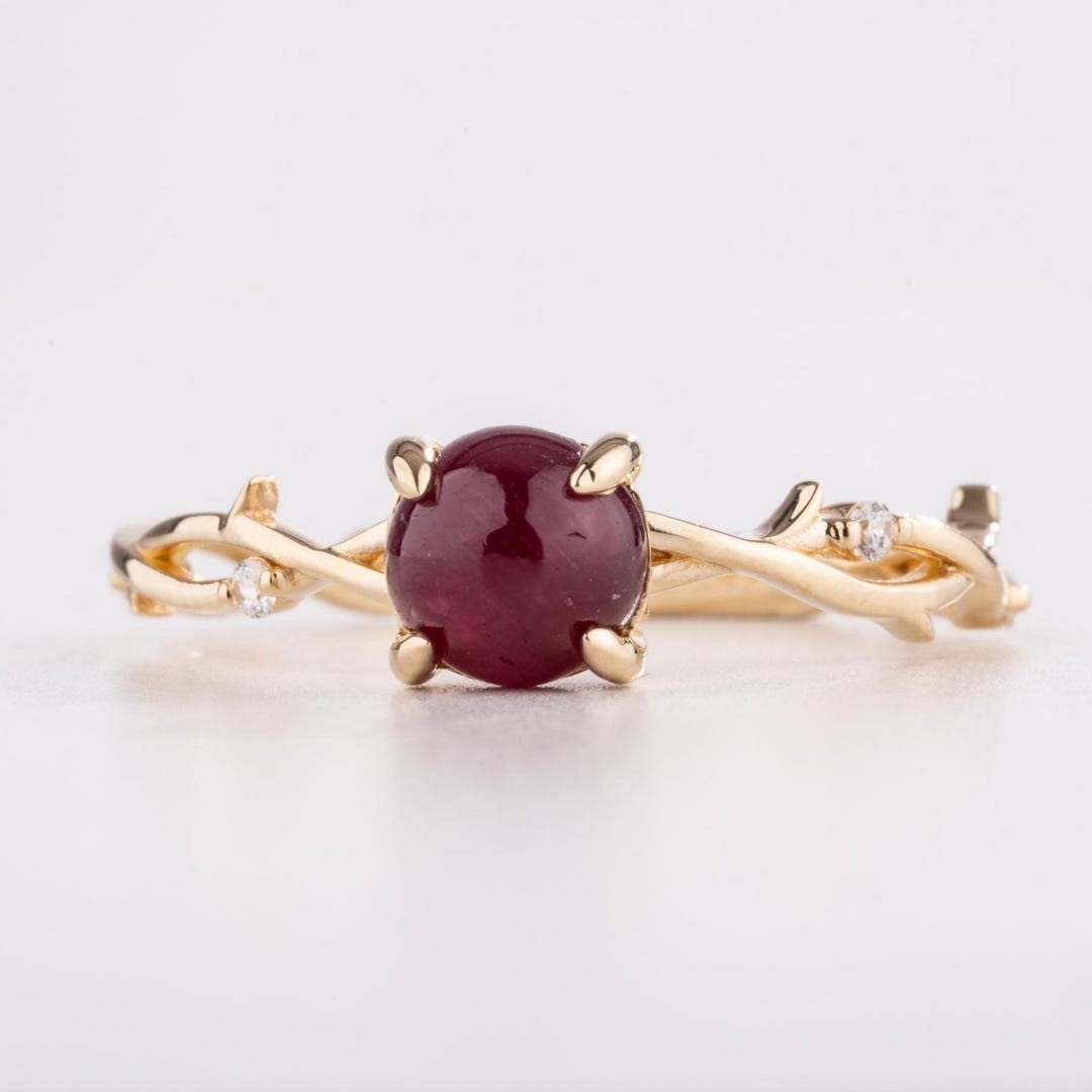 14K Gold Vine Ring: Ruby Cabochon & Diamond Dewdrops - Etsy