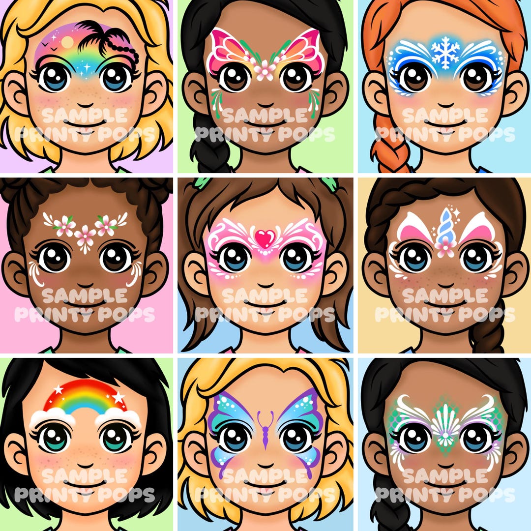 Face Painting Menu Designs: 8 Hand Illustrated Display Board Cards ...