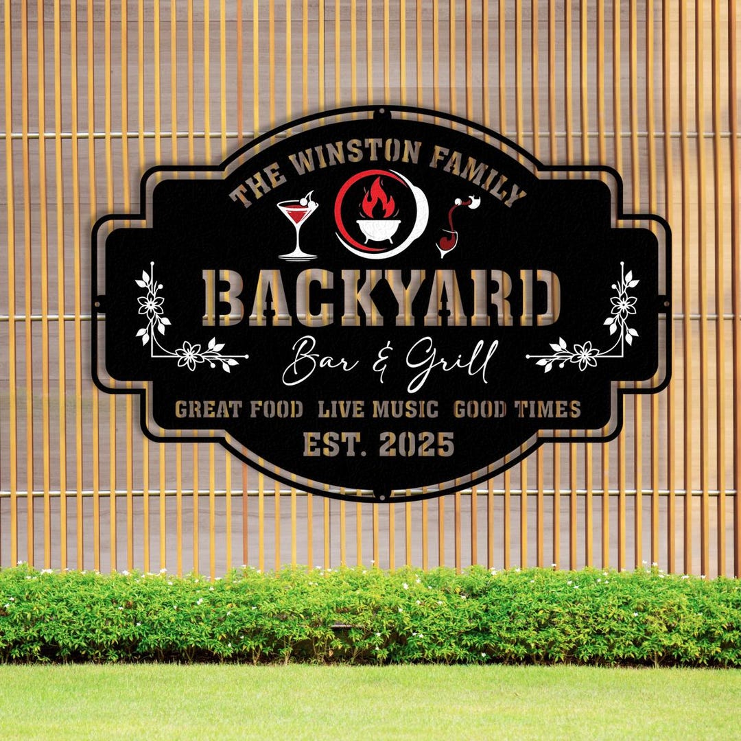 Custom Backyard Bar & Grill Metal Sign, Family Name BBQ Grill Decor ...