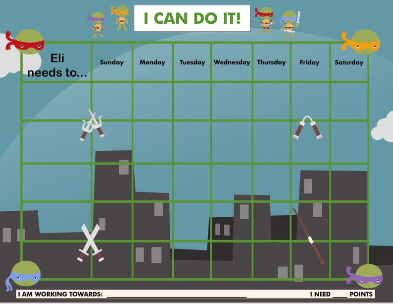 Personalized Children's Incentive Chart, Reward Chart, Fighting Turtles ...