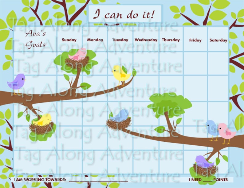 PRINTABLE Personalized Child Reward Chart - Sleepy Birds - Printable ...