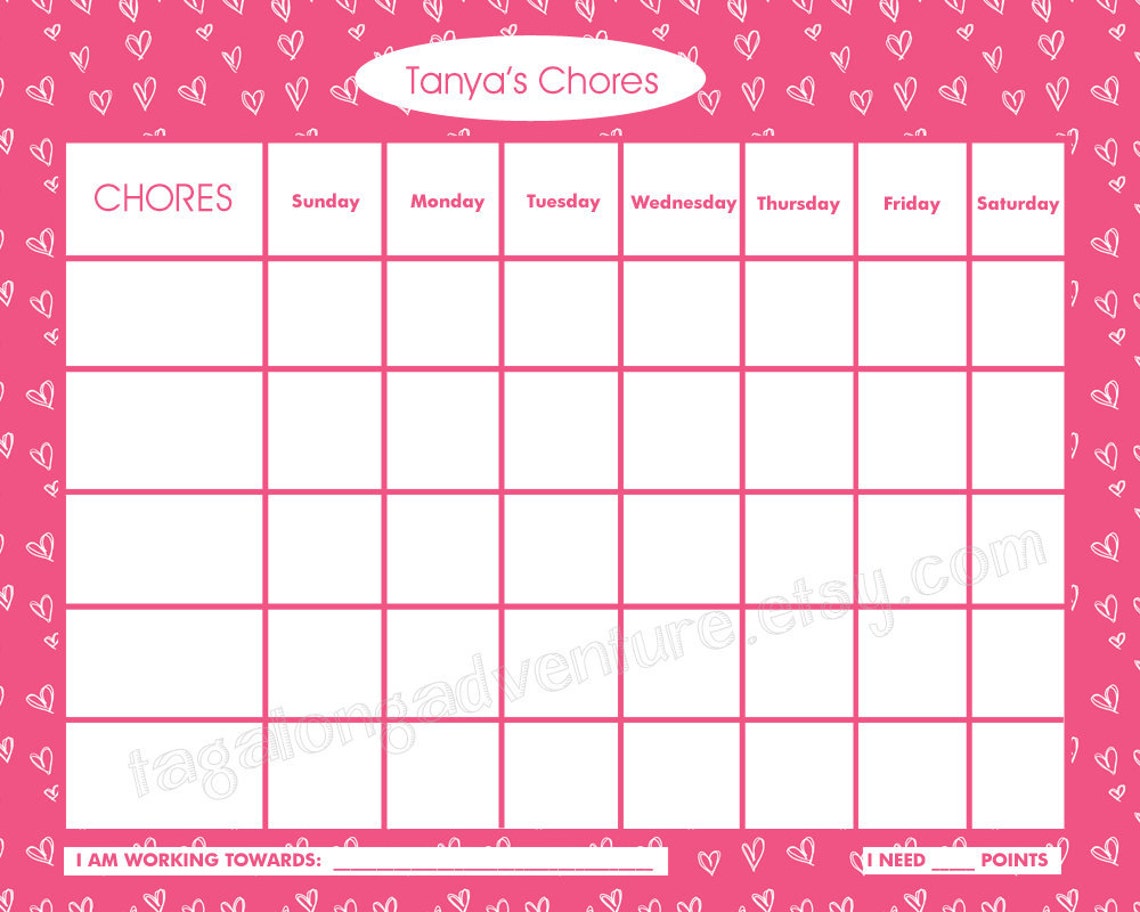 Printable Chore Chart for Children, Personalized, Candy Hearts, 8x10 ...