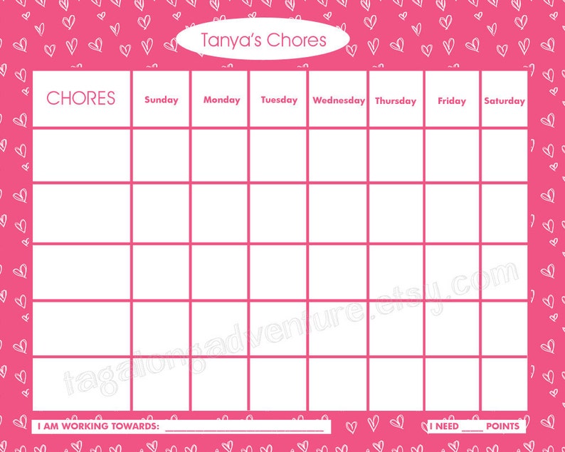 Printable Chore Chart for Children, Personalized, Candy Hearts, 8x10 ...