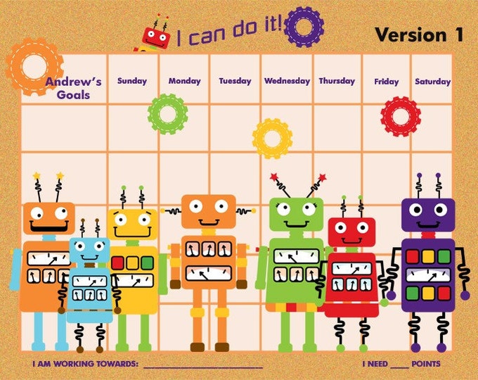 PRINTABLE Personalized Incentive Chart for Kids - Robots - Three Color ...