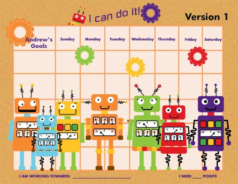PRINTABLE Personalized Incentive Chart for Kids Robots Four Color ...