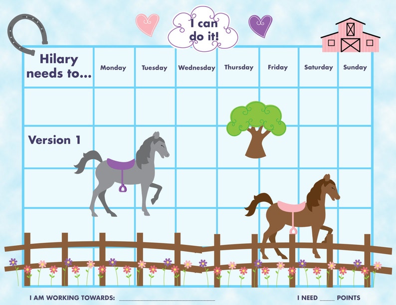 PRINTABLE Personalized Kids Chore/reward Chart - Horses- 3 VERSIONS to ...