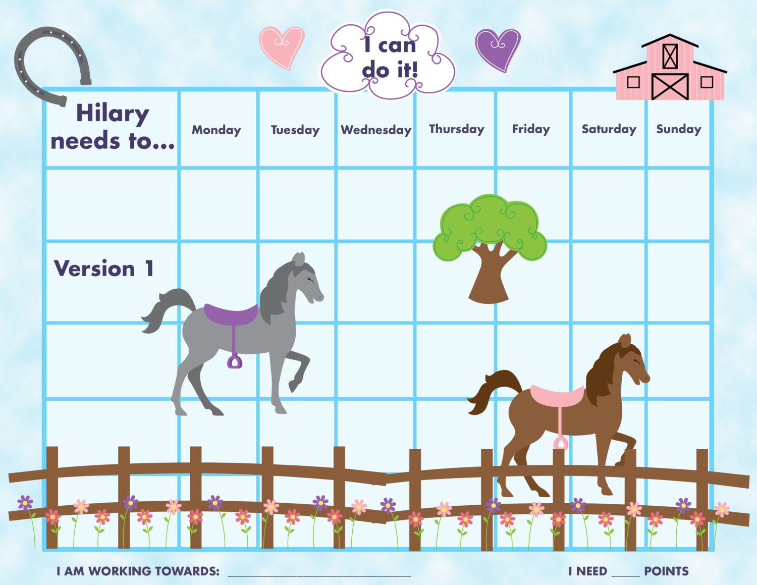 PRINTABLE Personalized Kids Chore/reward Chart - Horses- 3 VERSIONS to ...