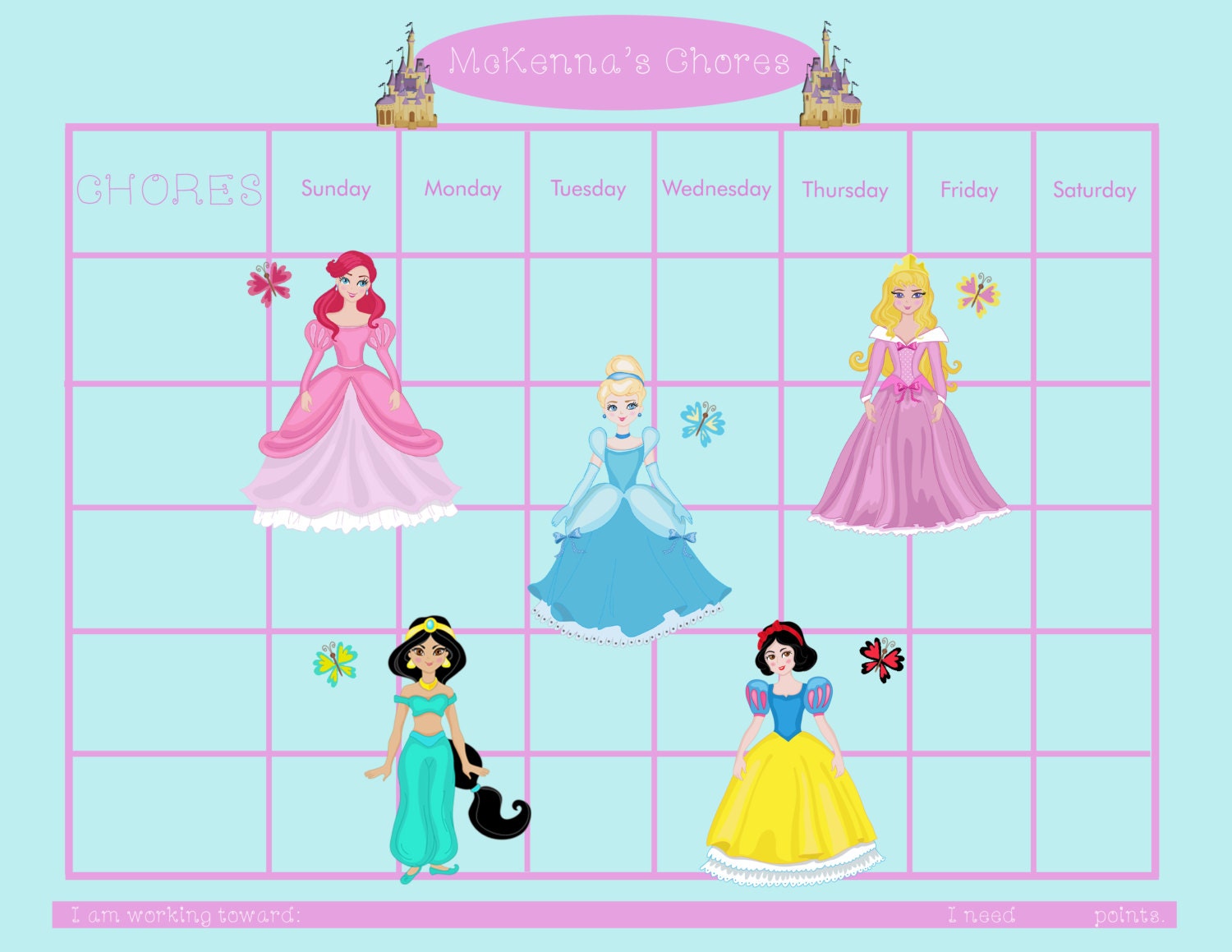 PRINTABLE Personalized Kids Chore Chart Princesses - Etsy