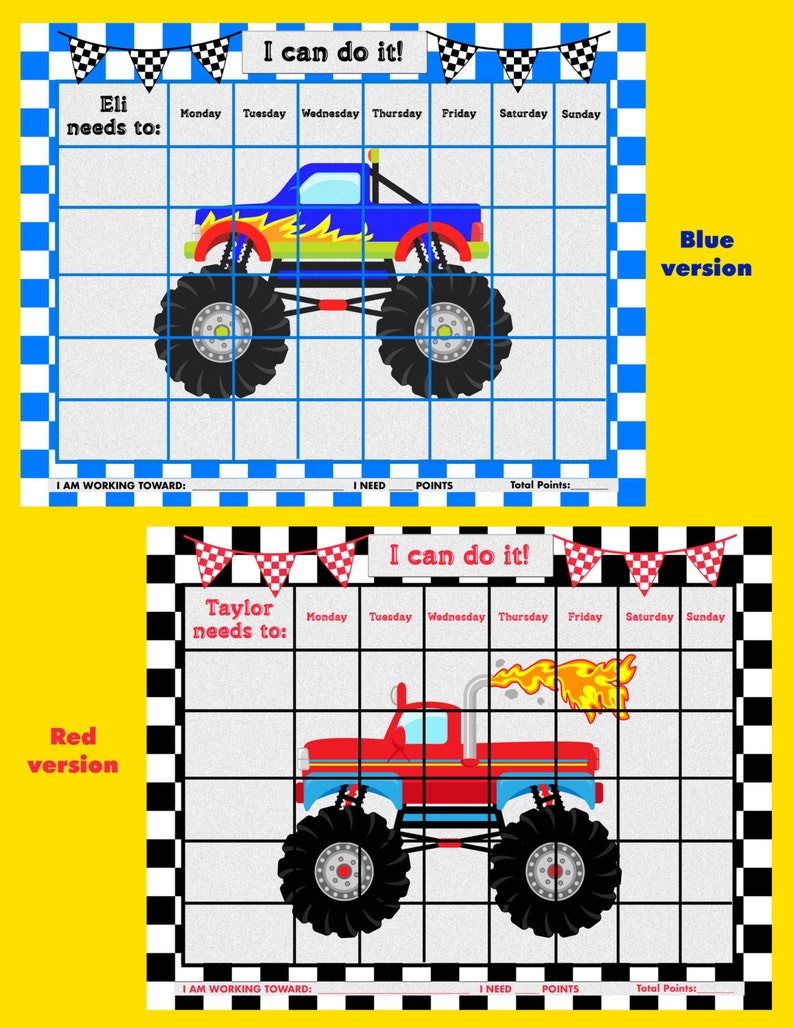 Printable Personalized Children's Chore/reward Chart - Monster Trucks ...
