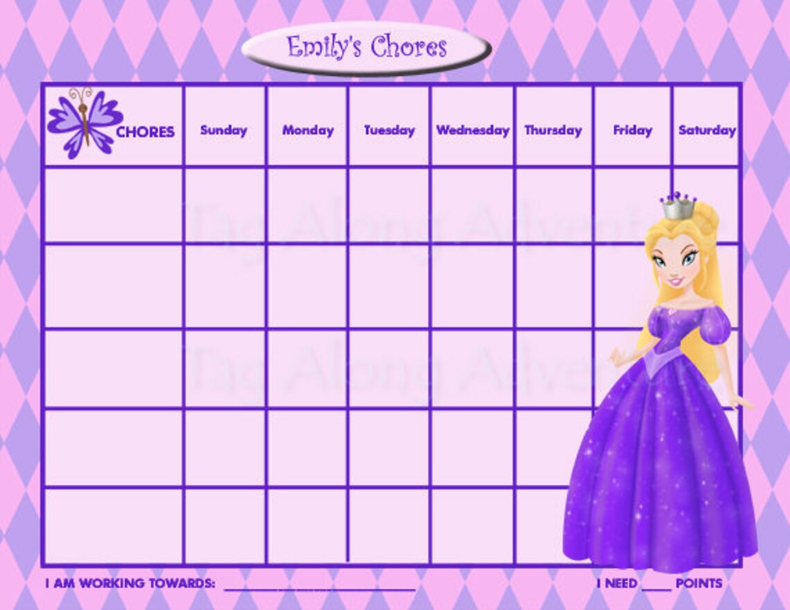 PRINTABLE Personalized Kids Chore Chart - Princess - Purple PRINCESS ...