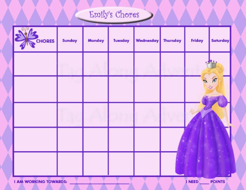 PRINTABLE Personalized Kids Chore Chart Princess Purple PRINCESS Other ...