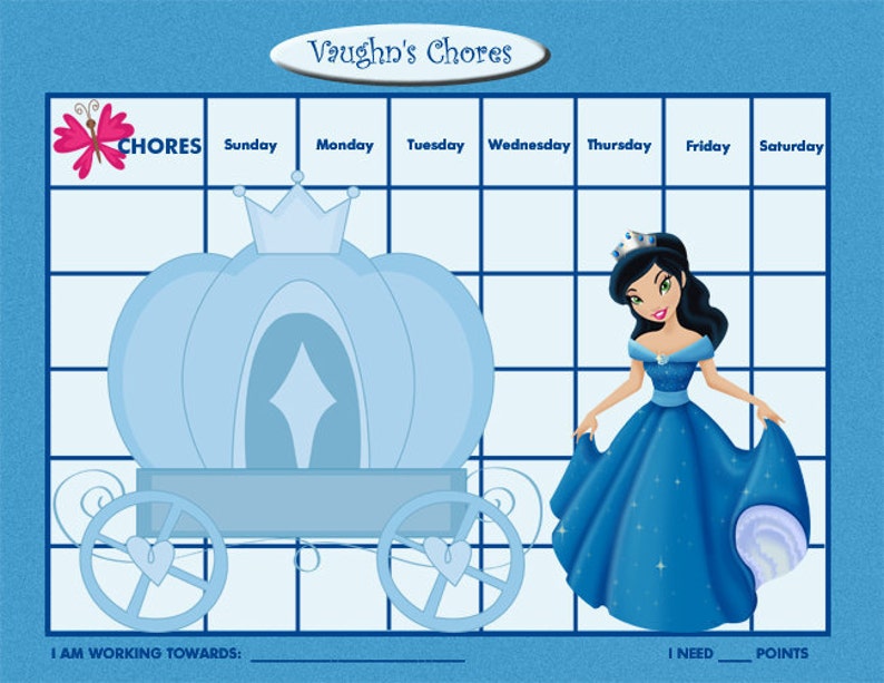 PRINTABLE Personalized Kids Chore Chart Blue Princess Printable Jpeg or ...