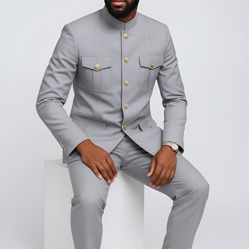 Gray Color Suiting Fabric Safari Suit: Men's Partywear Formal Designer ...