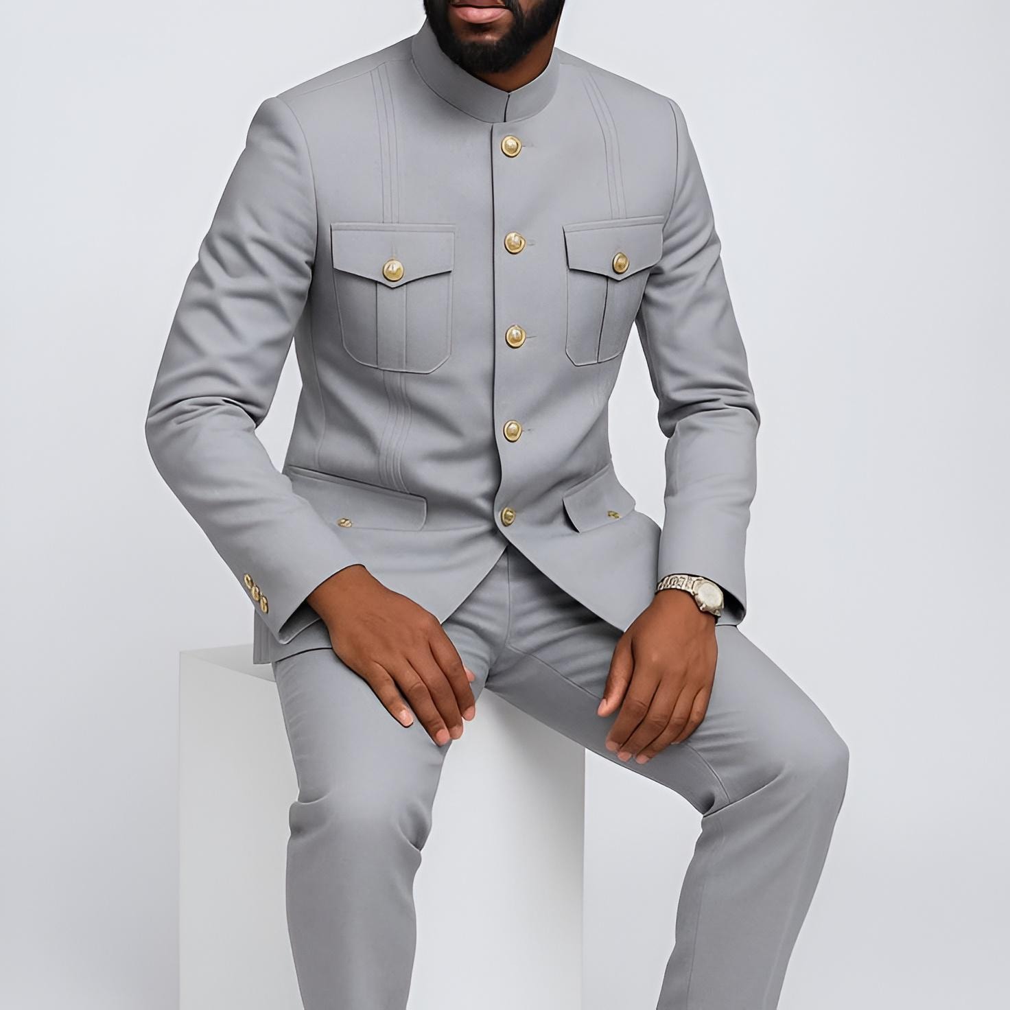 Gray Color Suiting Fabric Safari Suit: Men's Partywear Formal Designer ...