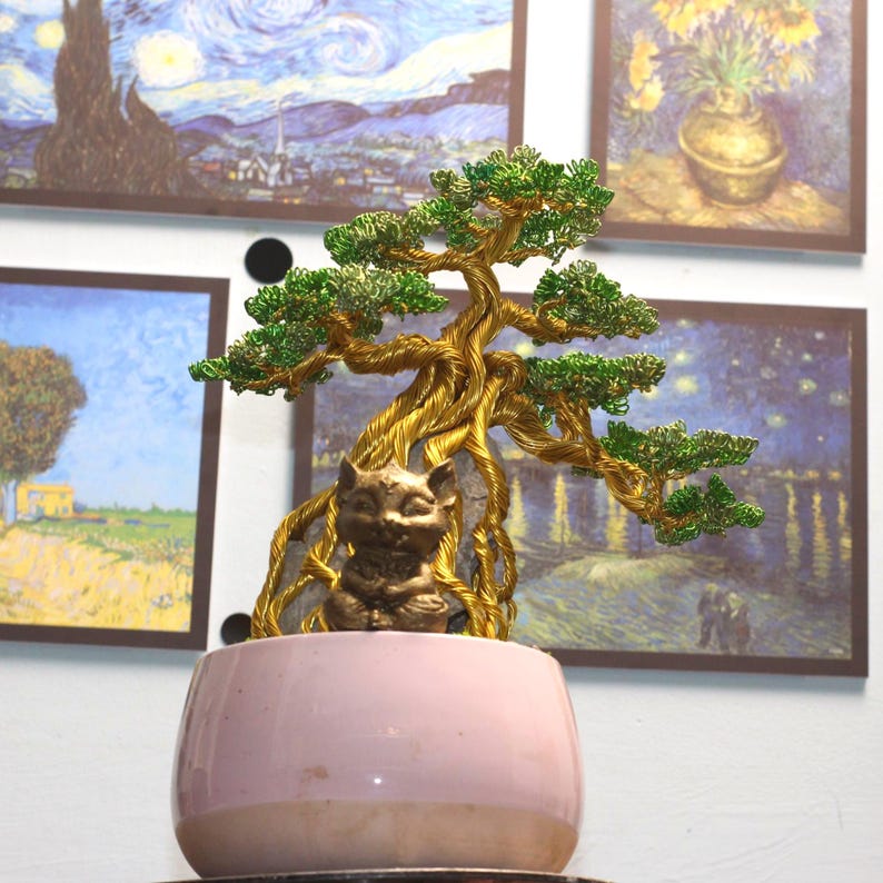 Handmade Golden Wire Bonsai Tree Sculpture, Green Leaf Zen Decor, Feng ...