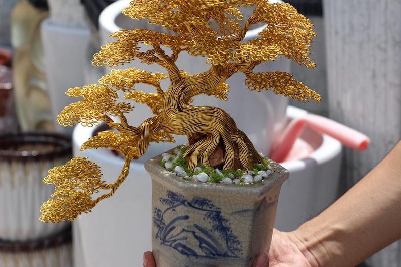 Copper Wire Bonsai Tree in Hand-painted Pot – Fall Gift, Zen Decor ...