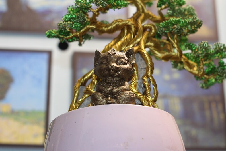 Handmade Golden Wire Bonsai Tree Sculpture, Green Leaf Zen Decor, Feng ...