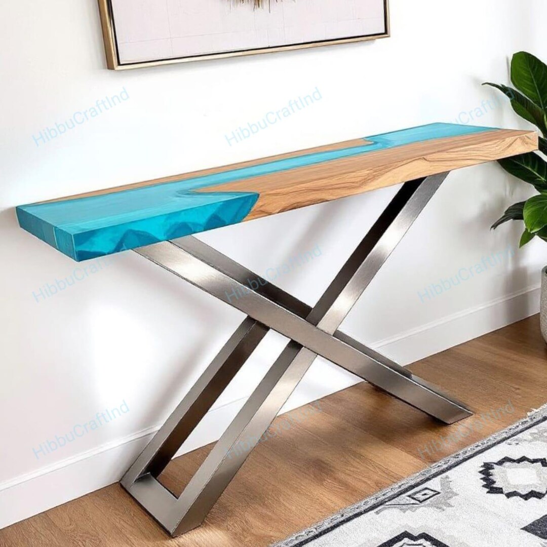 Handmade Blue Epoxy Resin Console Table – Solid Wood River Design - Etsy