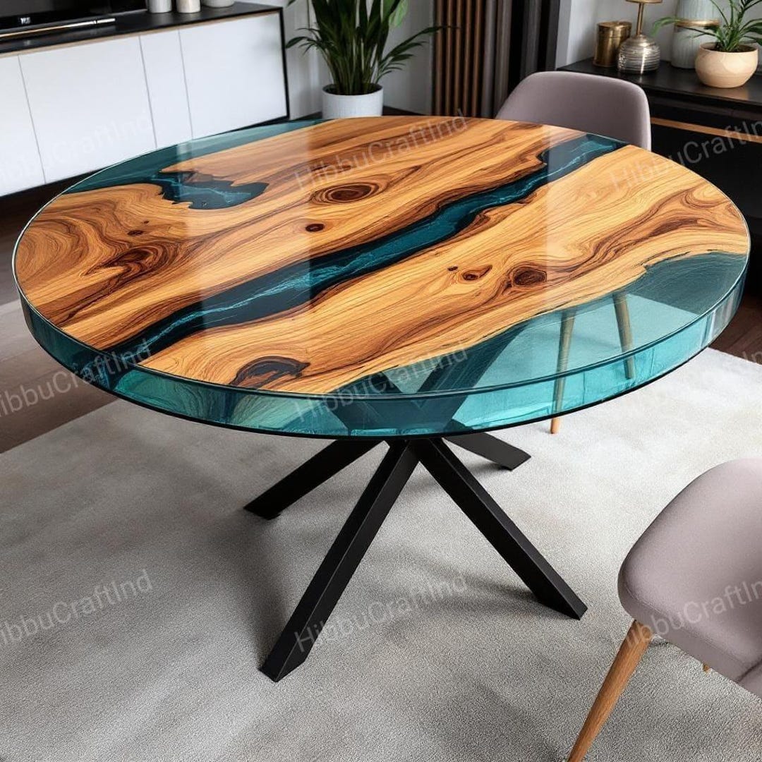 Teal Blue Epoxy River Table: Handmade Natural Wood Designer Decor - Etsy