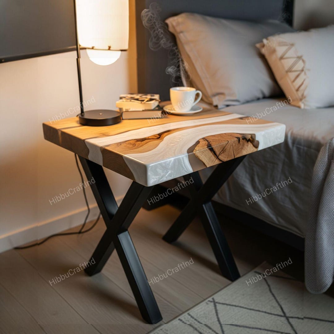 Handmade Solid Wood Nightstand With Metallic White Epoxy - Custom ...