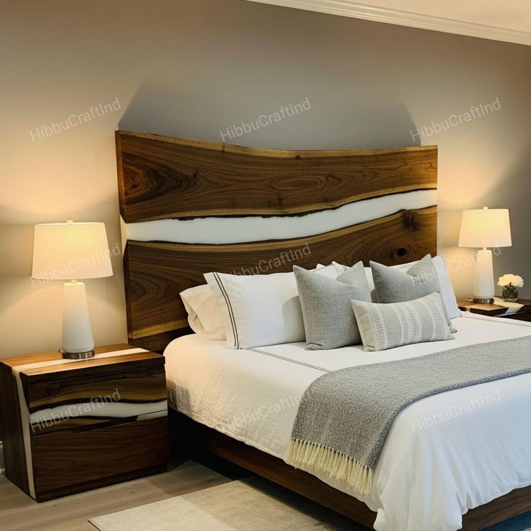 Elegant White Epoxy Resin & Natural Wood Bed Headboard – Handmade ...