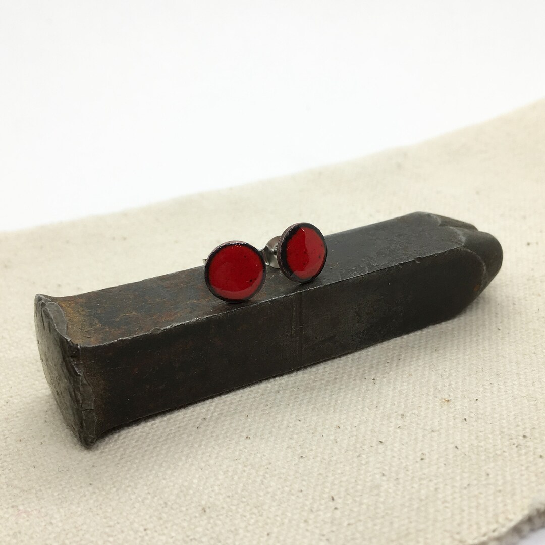 Flame Red Stud Earrings, Red Circle Stud Earrings, Red Enamel Earrings ...