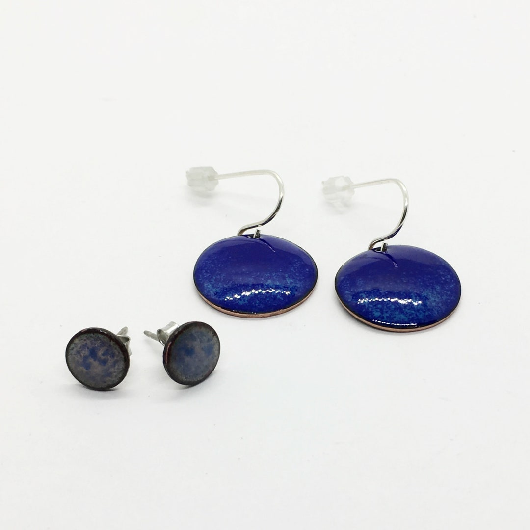 Blue Enamel Earring Set With Dark Blue Circular Dangle Earrings and ...
