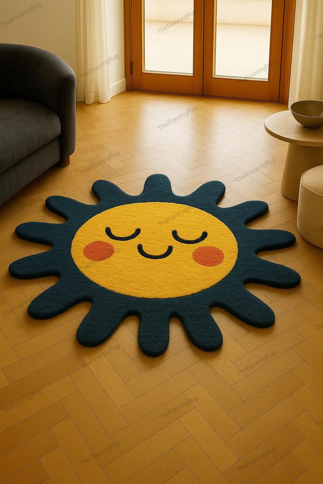 Smiling Sunburst Rug | Cozy Kids Room Decor | Dark Teal, & Yellow ...