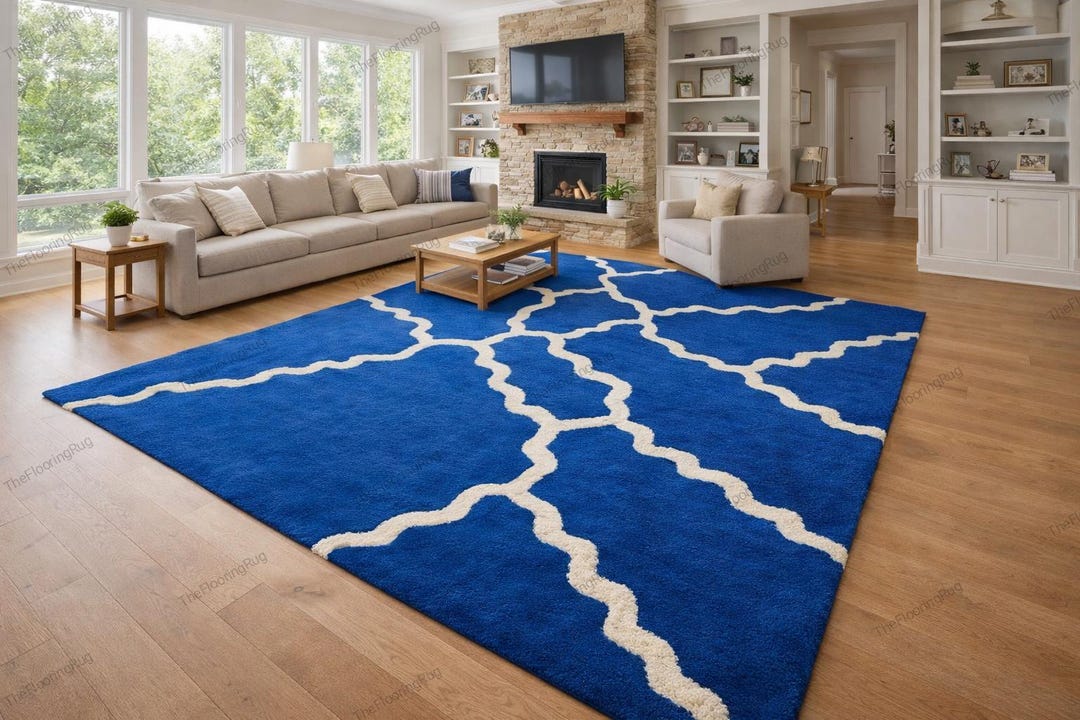 Royal Blue Area Rug Modern Abstract White Wavy Lattice Design Plush ...