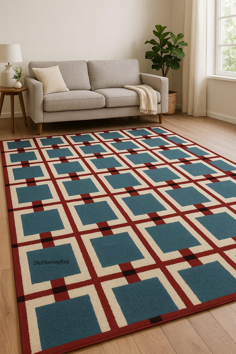 Geometric Mid-century Modern Rug: Hand-tufted Wool Bold Teal Blue ...