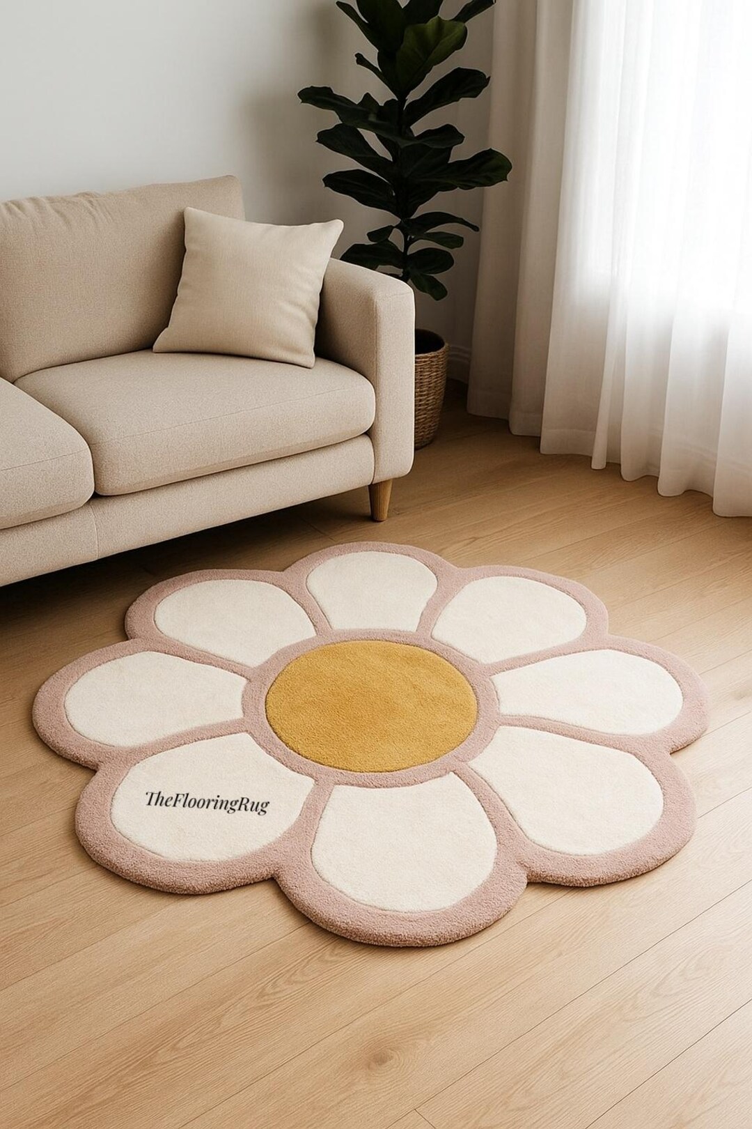 Hand-tufted Wool Daisy Shaped Area Rug: Soft Pink and Yellow Floral Rug ...