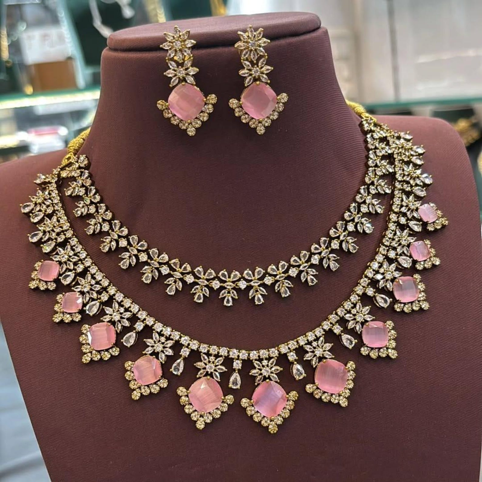 Ruby Red Stone Floral Necklace Set With Matching Earrings – CZ Diamond ...
